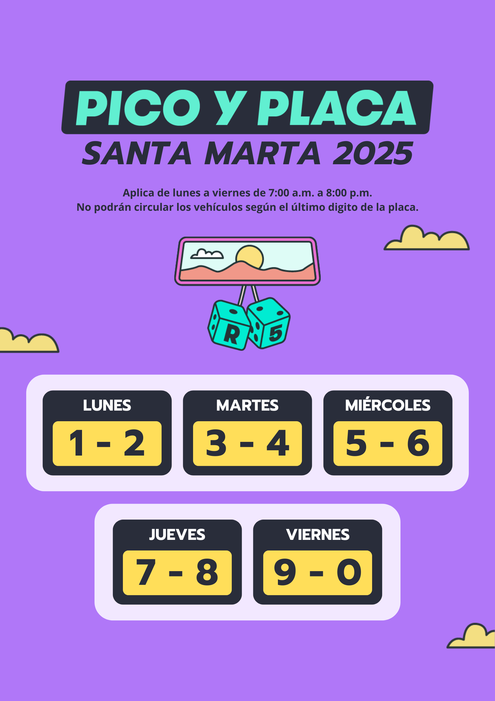 Pico y placa en Santa Marta motos, carros y taxis 2025 | R5